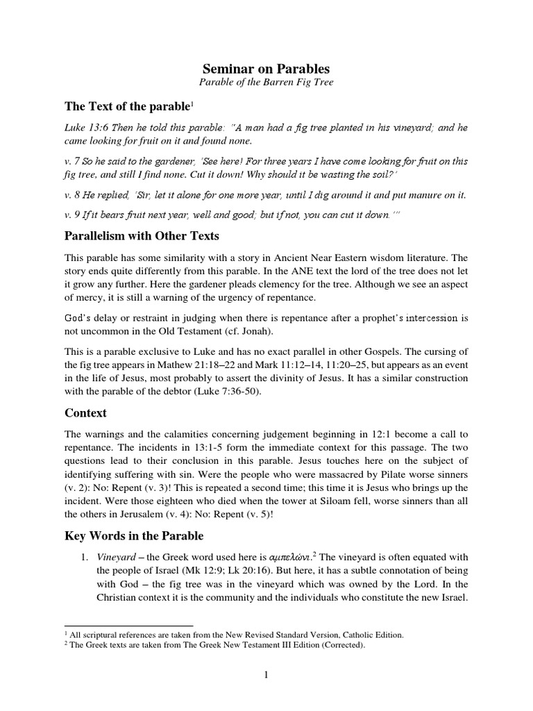 Parable of The Barren Fig Tree | PDF | Parables Of Jesus | Repentance