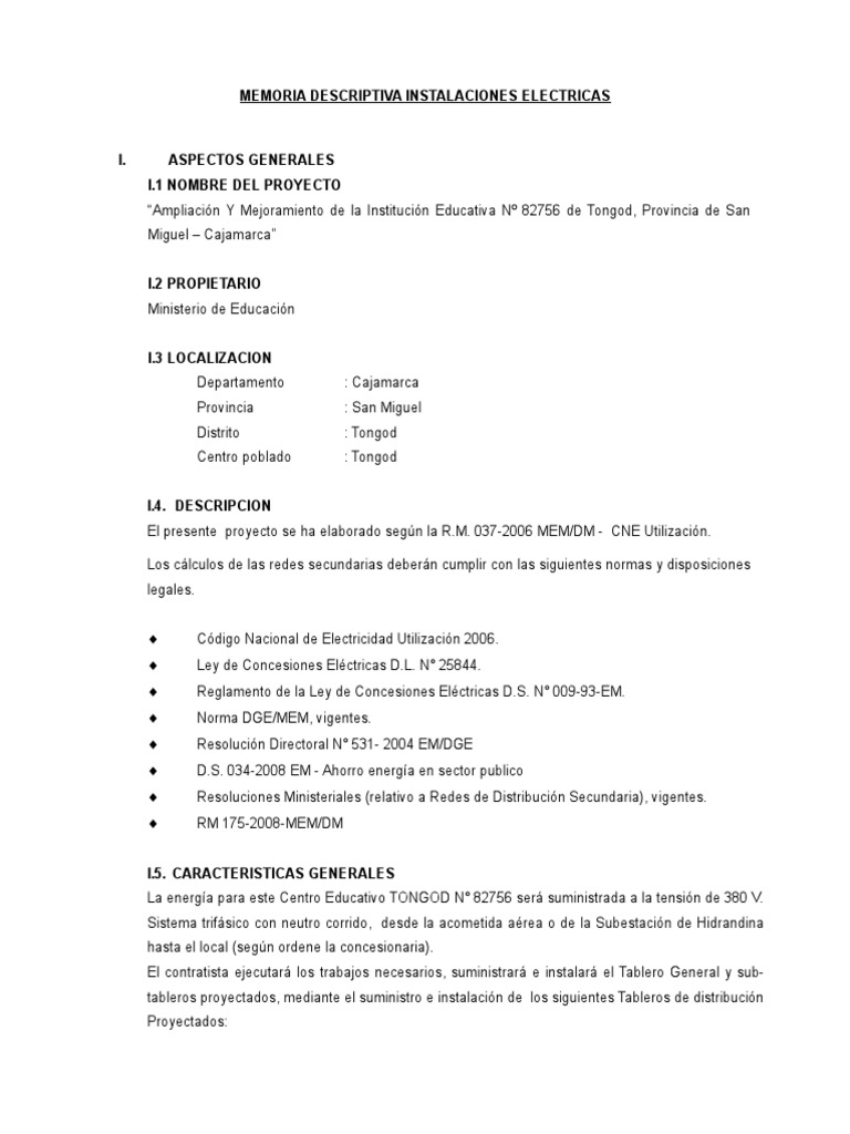 Memoria Descriptiva Instalaciones Electricas | PDF | Cobre | Energia electrica