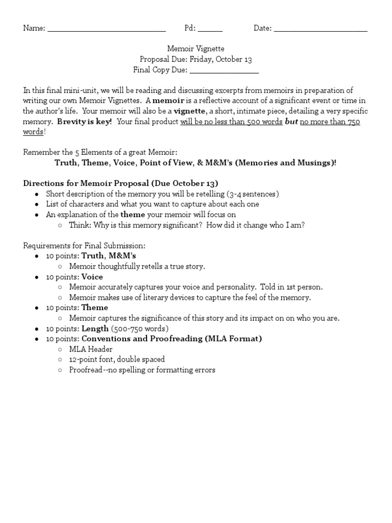 Memoir Vignette Assignment Sheet | PDF | Writing | Cognition