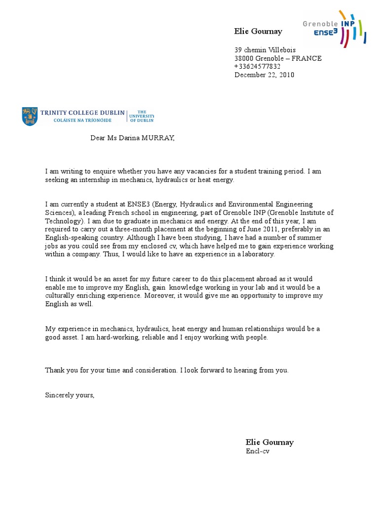 Cover Letter - Trinity College Craig Meskell | PDF | Science | Engineering