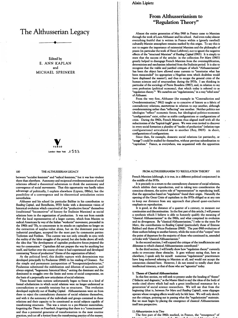 Alain Lipietz - The Althusserian Legacy | PDF | Louis Althusser | Marxism
