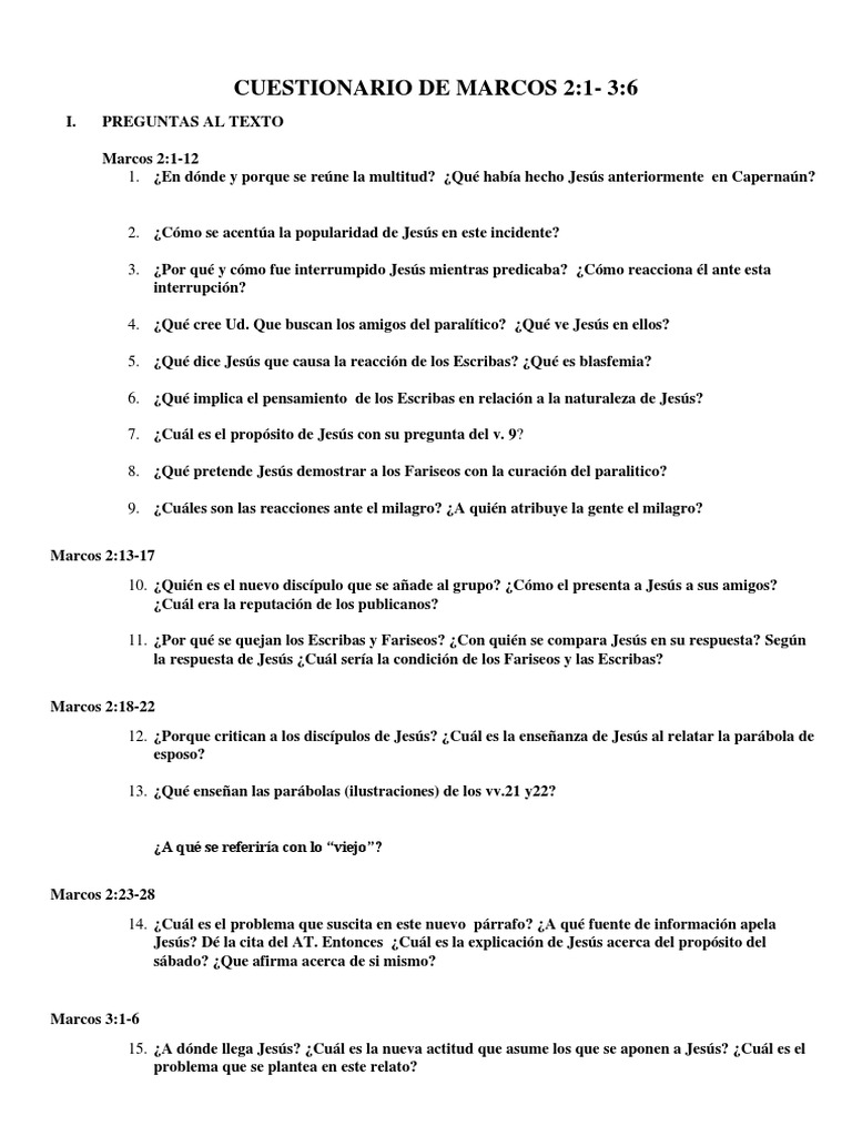 Cuestionario de Marcos Cap 2 | PDF | Jesús | Religión y creencia