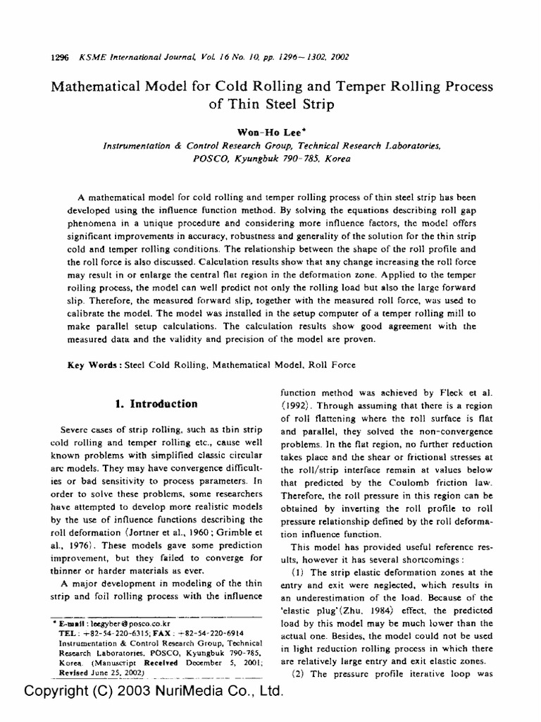 Mathematical Model For Cold Rolling and Temper Rolling Process of Thin ...