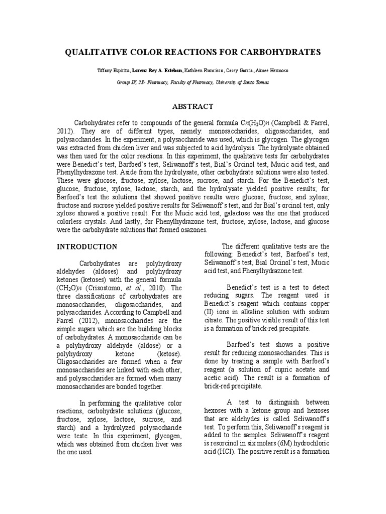 Qualitative Color Reactions For Carbohydrates | PDF | Carbohydrates ...