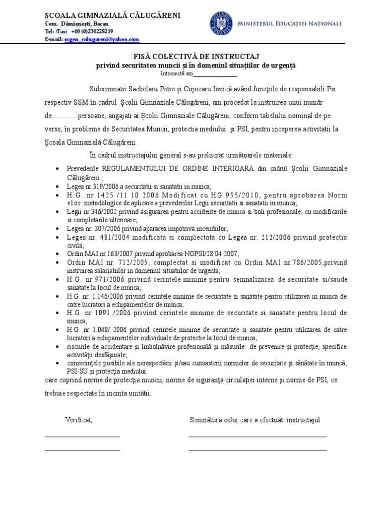 Fisa Colectiva de Instructaj PSI SSM 2017 | PDF