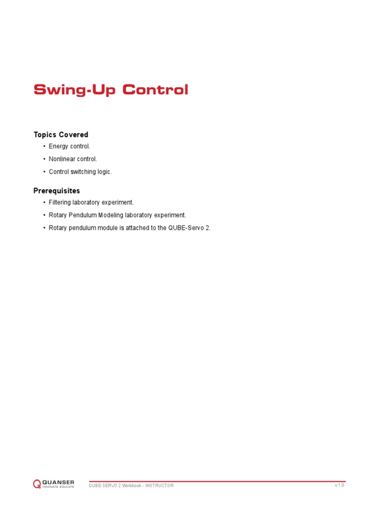 QUBE-Servo 2 Swing-Up Control Workbook | PDF | Pendulum | Physics