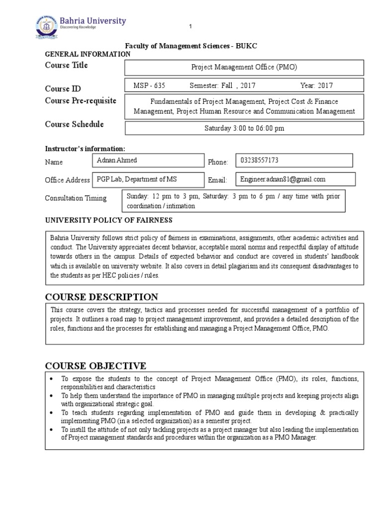 PMO Course Outline - Fall 2017 | PDF | Project Management | Risk Management
