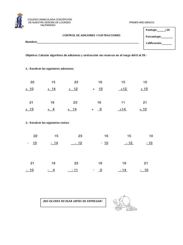 Prueba de Sumas y Restas | PDF