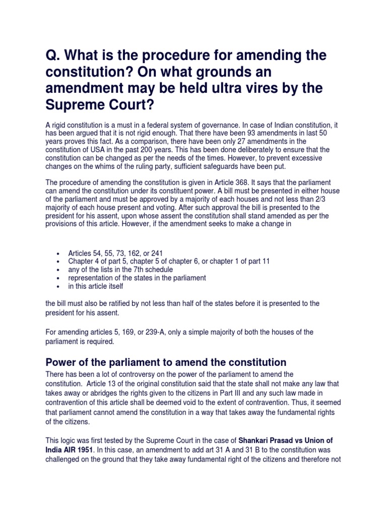 Q. What Is The Procedure For Amending The Constitution? On What Grounds An Amendment May Be Held ...