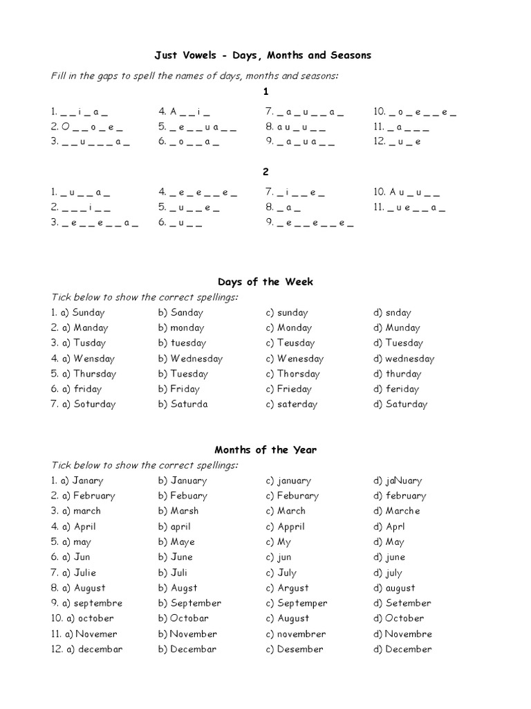 Vowel Fill-in: Days, Months, Seasons | PDF | Language Arts & Discipline