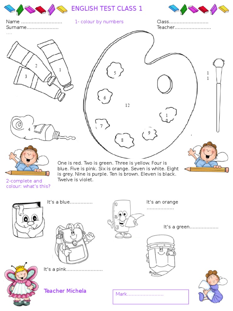 English Test Class 1 Colours Numbers School Object Tests 69871 | PDF