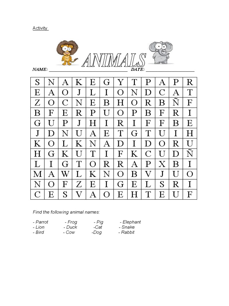 Animal Names Crossword Puzzle | PDF