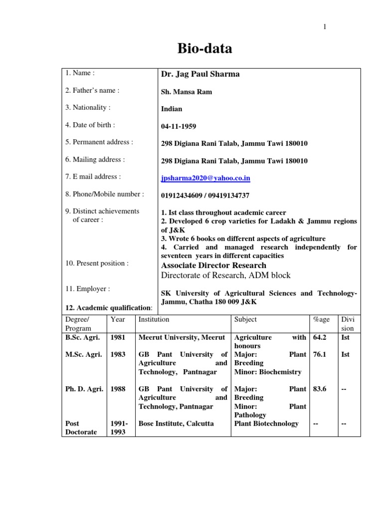 Bio Data of Dr. Jag Paul Sharma | PDF | Plant Breeding | Rice