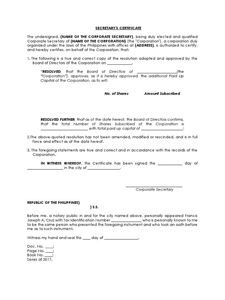 Secretary's Certificate Sample Additional Paid Up Capital | Government ...