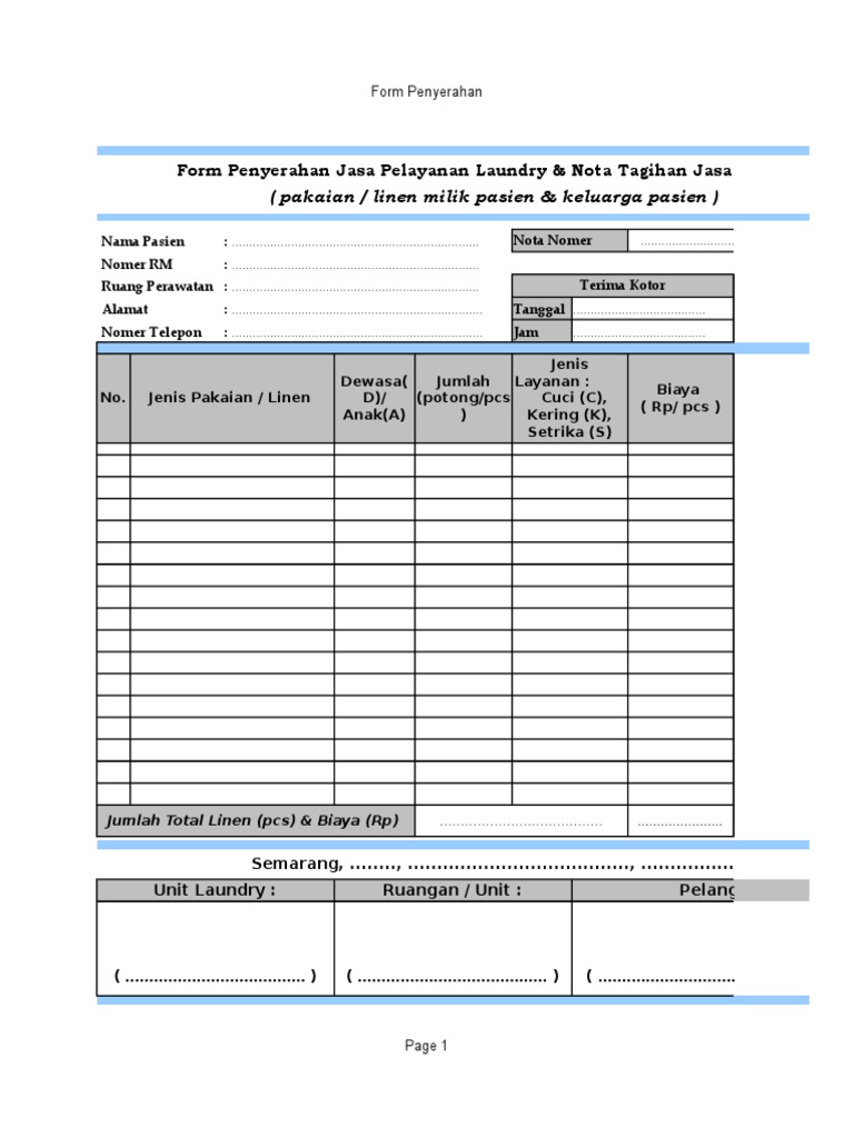 Form Jasa Laundry (Kotor & Bersih Dan Tagihan) | PDF