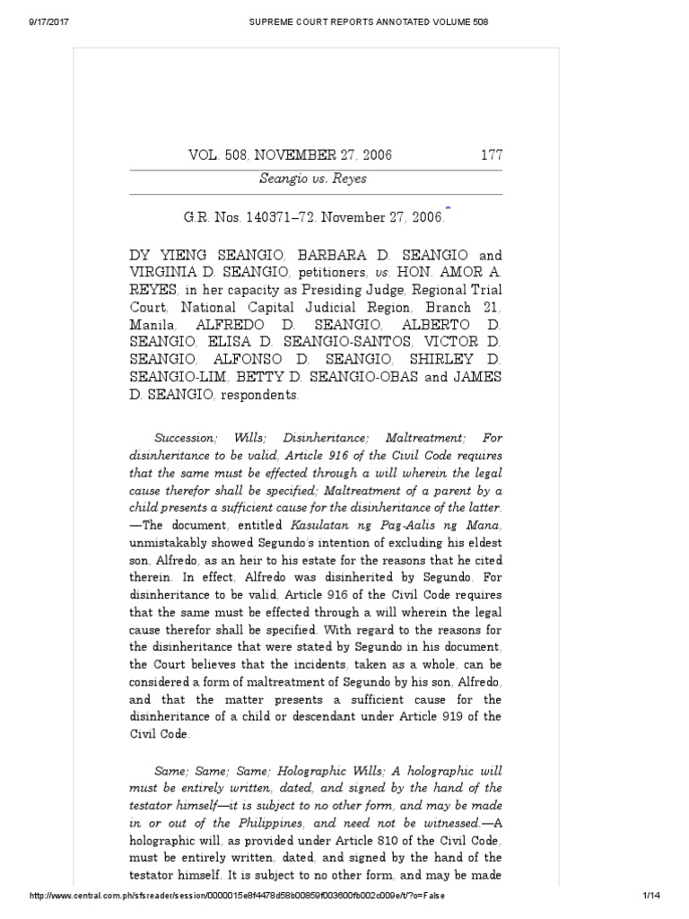 VOL. 508, NOVEMBER 27, 2006 177: Seangio vs. Reyes | PDF | Will And ...