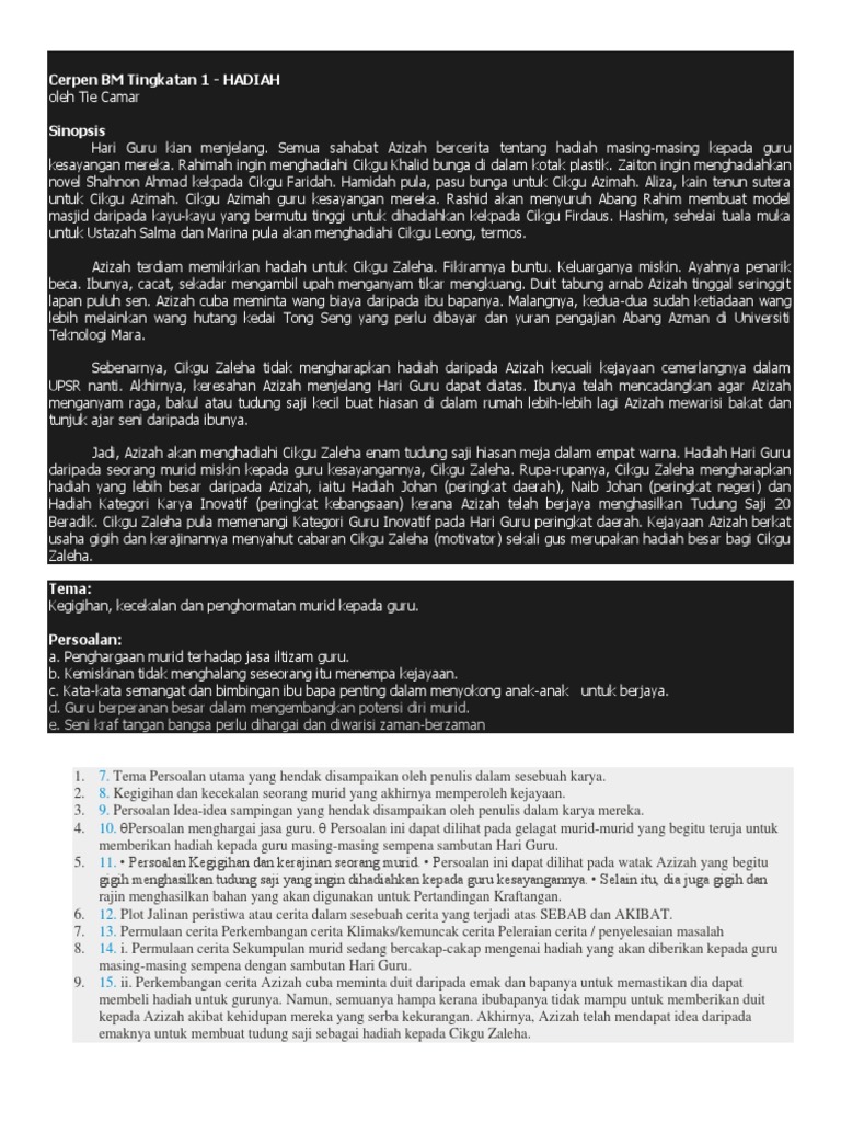 Cerpen HADIAH BM Tingkatan 1 | PDF