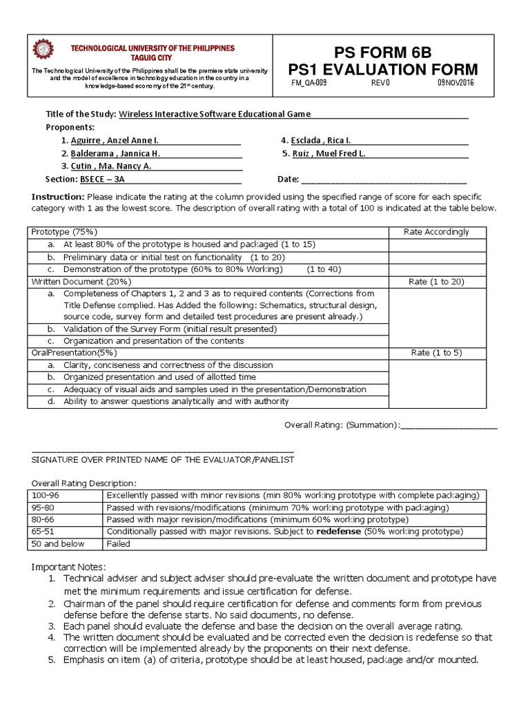 Ps Form 6B Ps1 Evaluation Form: Technological University of The ...