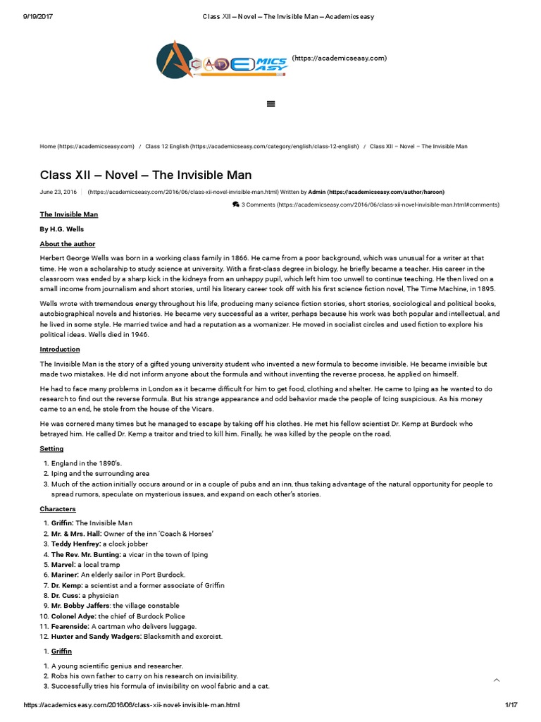 Class XII Study Guide: The Invisible Man | PDF | The Invisible Man ...