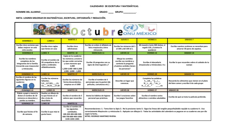 Calendario de Escritura y Matemáticas | PDF