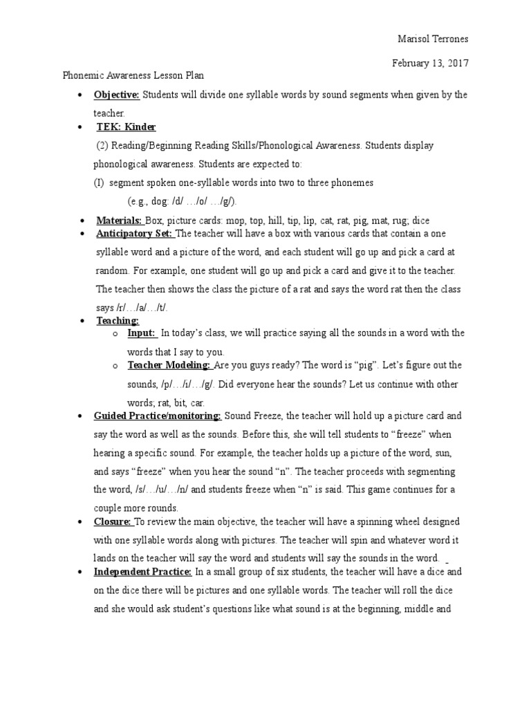 Phonemic Awareness Lesson Plan for Kids | PDF | Syllable | Lesson Plan