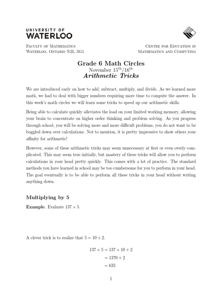 Grade 6 Math Circles Arithmetic Tricks: November 15 /16 | PDF ...