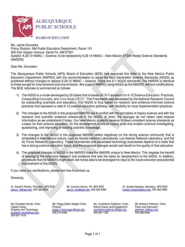 APS Letter To PED | PDF | Science Education | Science