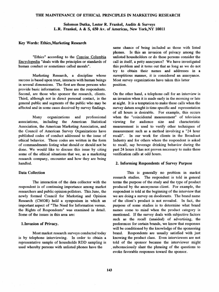 Ethical Issues In Marketing Research Pdf Survey Methodology