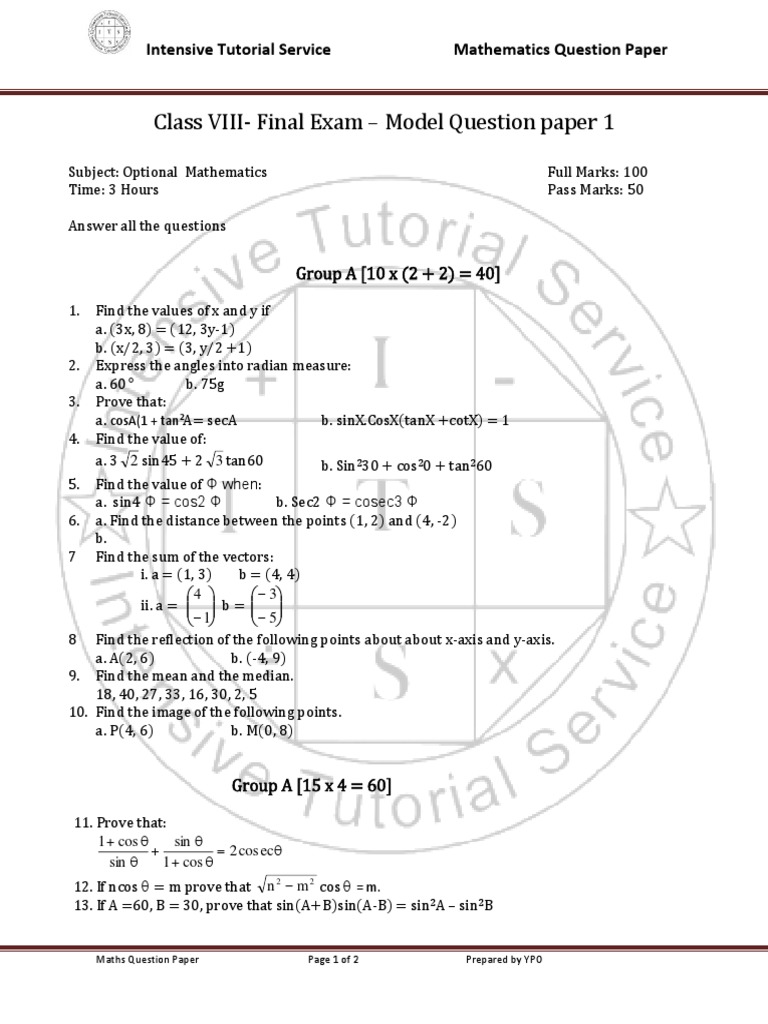 Its Class 8 Optional Maths Model Question Paper 1 | Trigonometric ...