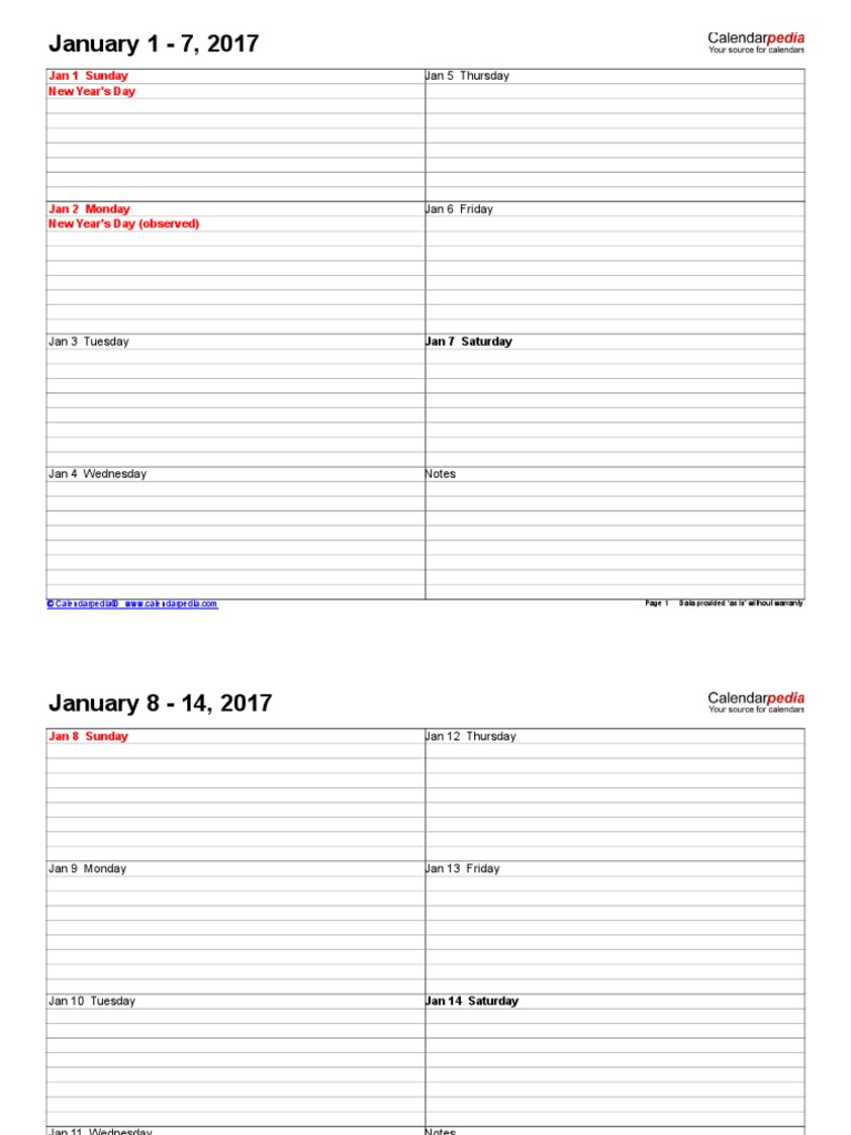 Weekly Calendar 2017 Landscape 2 Columns | PDF | Holidays | Public Holiday