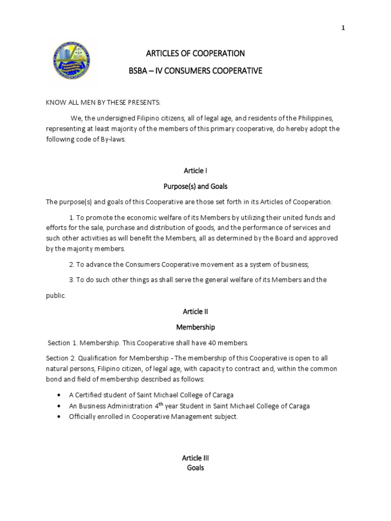 Articles of Cooperation Bsba - Iv Consumers Cooperative | PDF ...