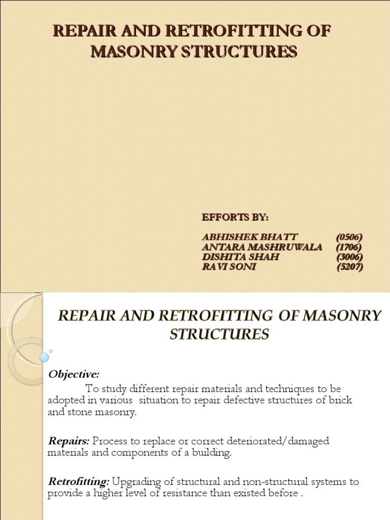 Masonry Structure Repair Techniques | PDF | Masonry | Concrete
