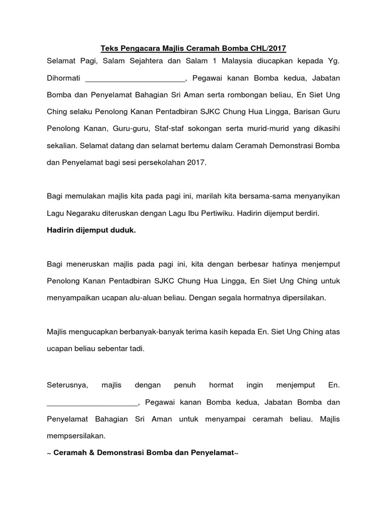 Teks Pengacara Majlis Ceramah Bomba CHL | PDF