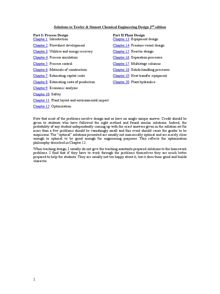 Solution Manual Chemical Engineering Design 2nd Edition Towler | PDF ...