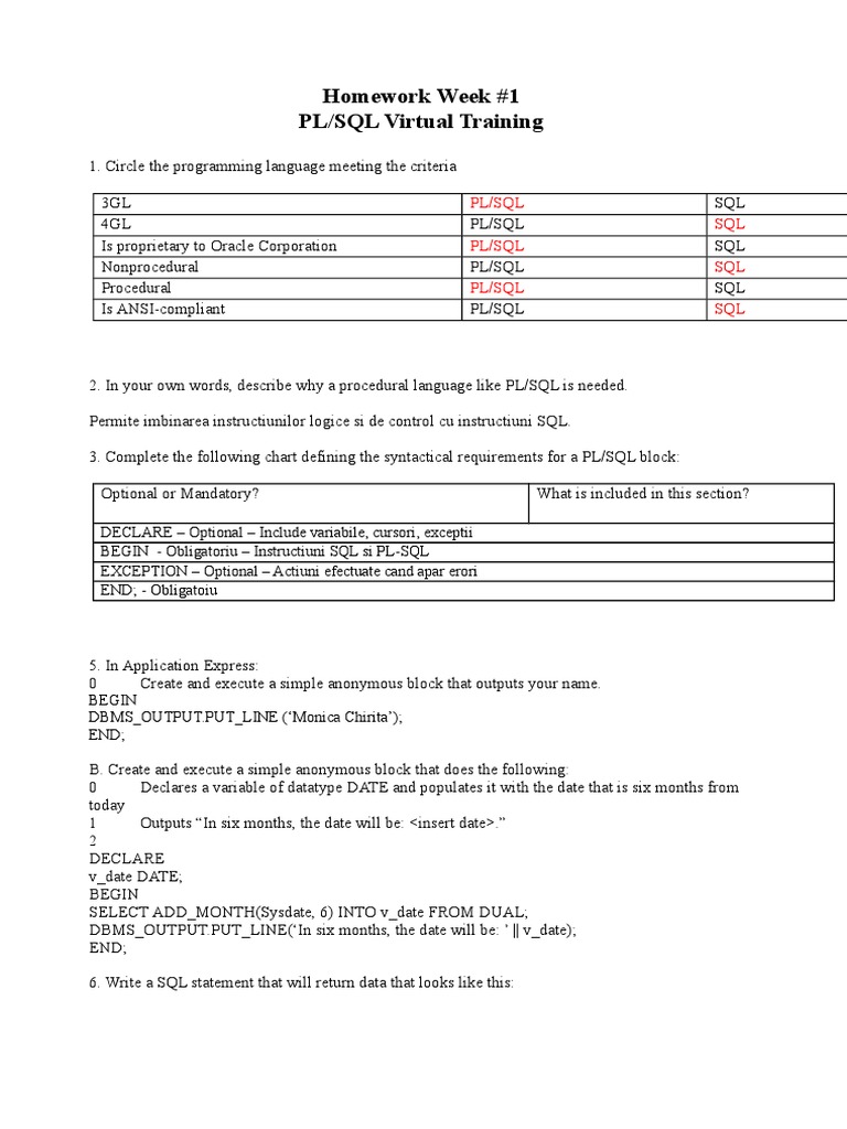 Homework Week #1 PL/SQL Virtual Training: PL/SQL SQL PL/SQL SQL PL/SQL SQL | PDF | Pl/Sql ...