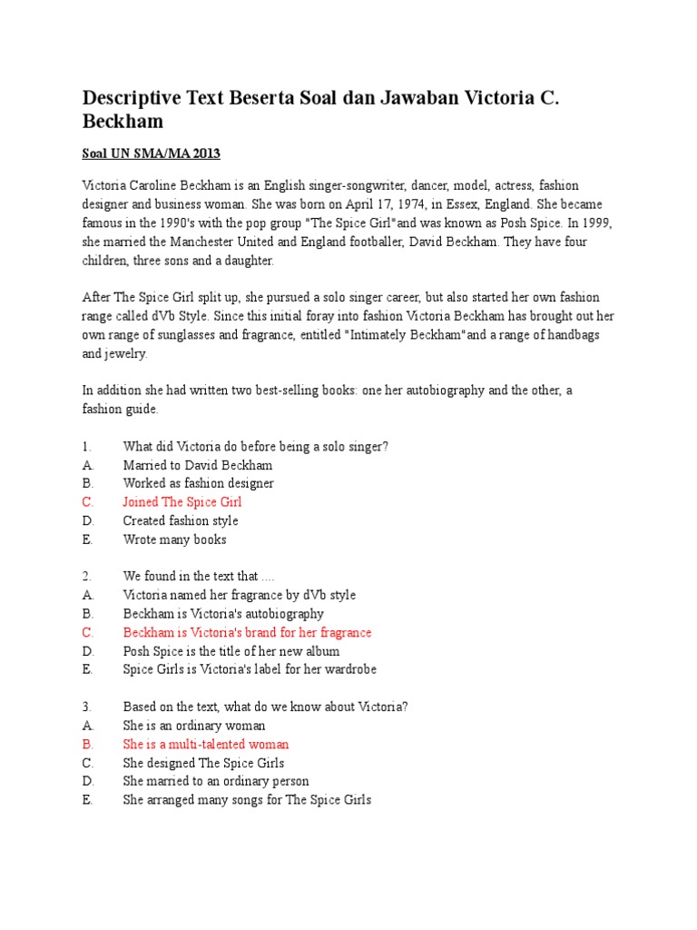 Descriptive Text Beserta Soal Dan Jawaban Victoria C. Beckham | PDF ...