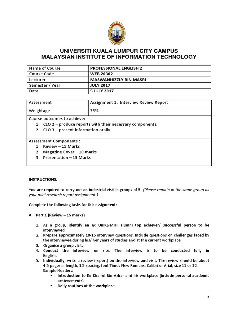 Assignment 2 - Interview With a Ex UniKL-MIIT Alumni Member | Human ...