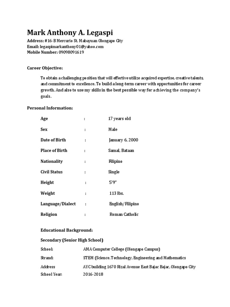 Mark Anthony A. Legaspi: Career Objective | PDF