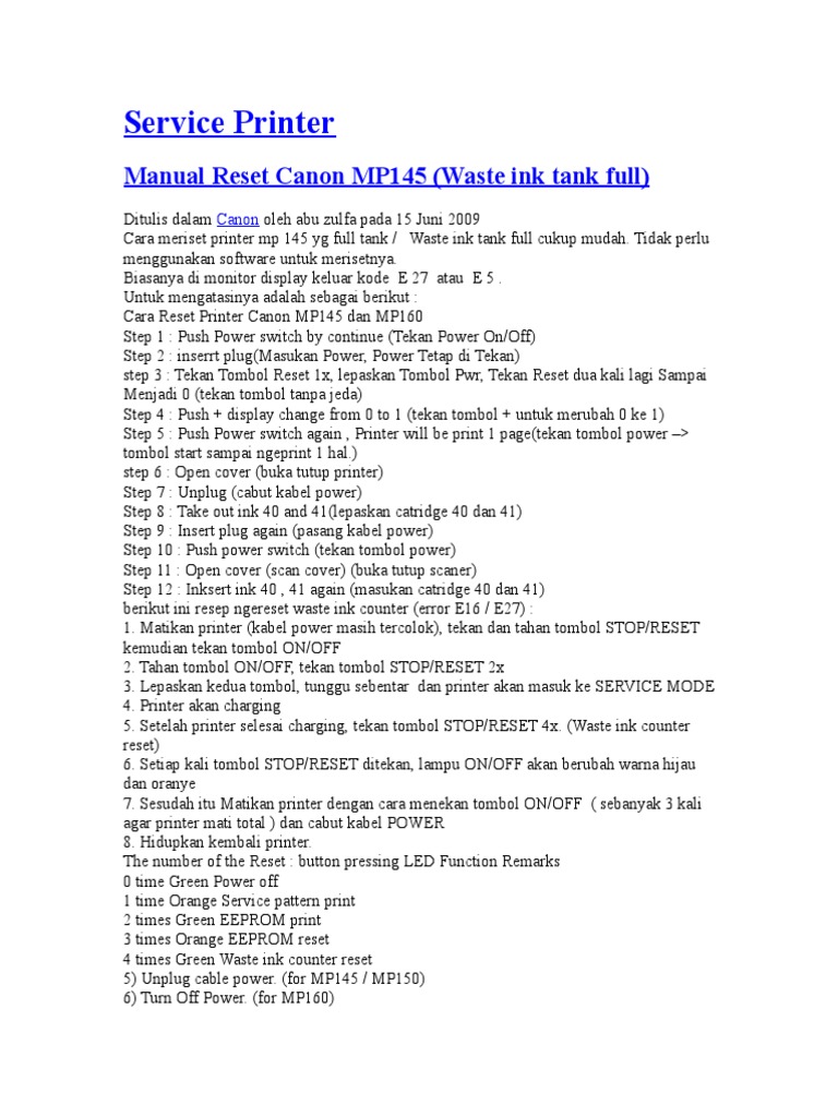 Service Printer: Manual Reset Canon MP145 (Waste Ink Tank Full) | PDF | Printer (Computing ...