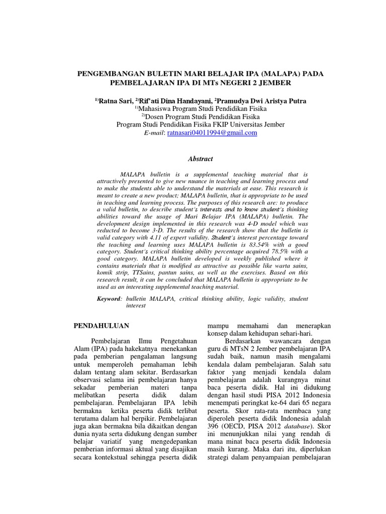 PENGEMBANGAN BULETIN MARI BELAJAR IPA (MALAPA) MENINGKATKAN MINAT DAN KEMAMPUAN BERPIKIR SISWA | PDF