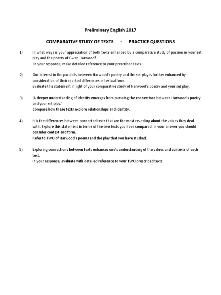 Yr 11 Comparative Study Practice Questions | PDF