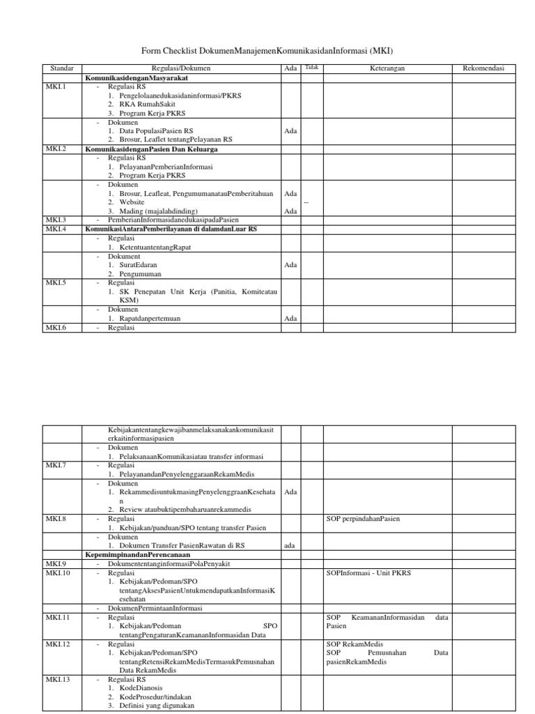 Form Checklist Dokumen Manajemen Komunikasi Dan Informasi | PDF