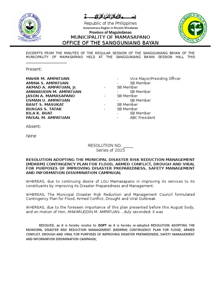 Sb Resolution Adopting Contingency Plan | Public Sphere | Disaster And ...