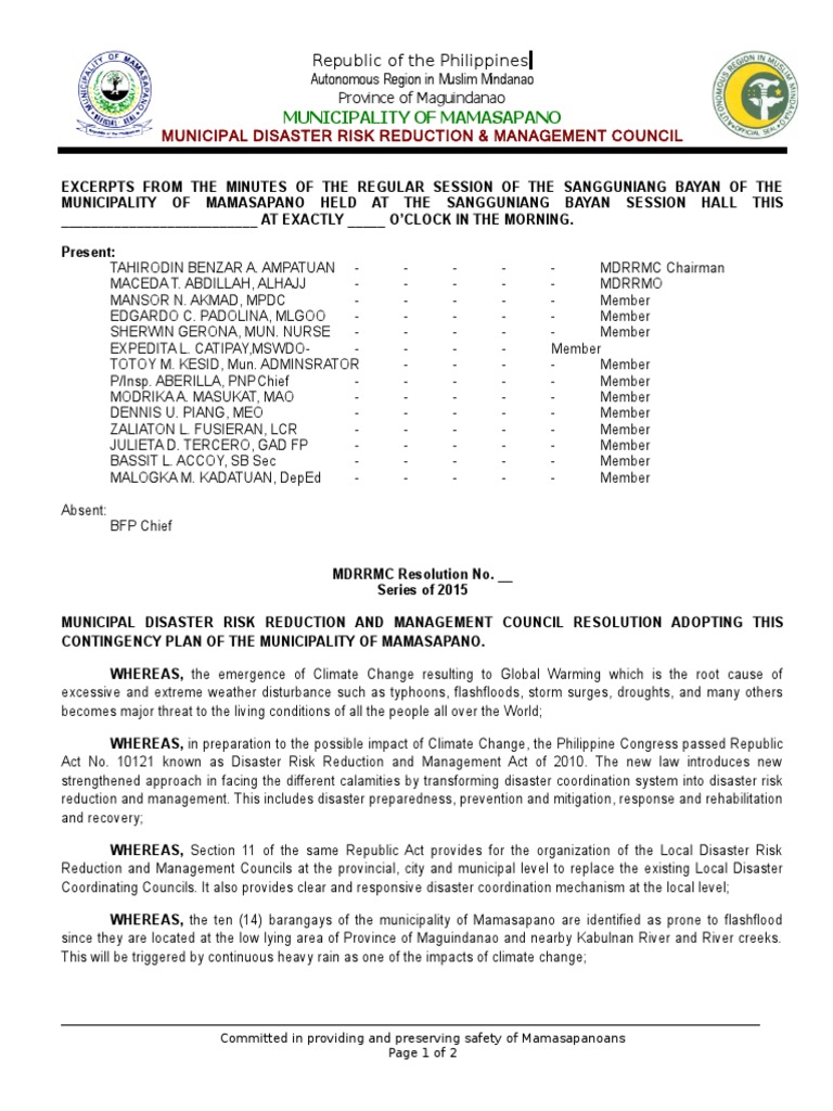MDRRMC Resolution Adopting Mamasapano Contingency Plan | PDF ...