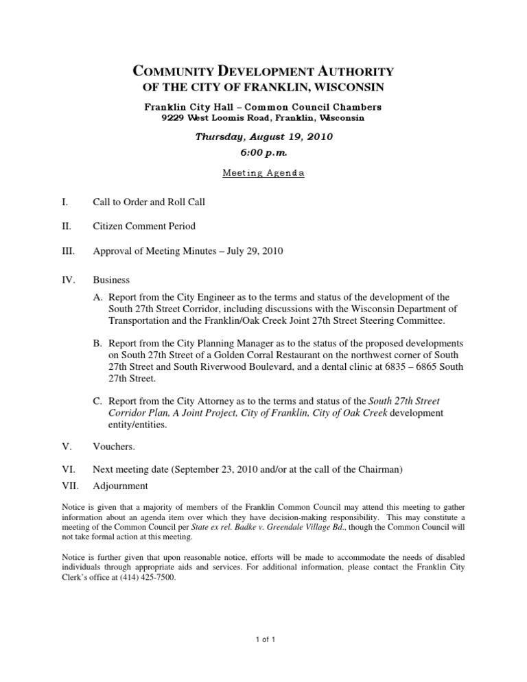 CDA Agenda 8-19-10 | PDF