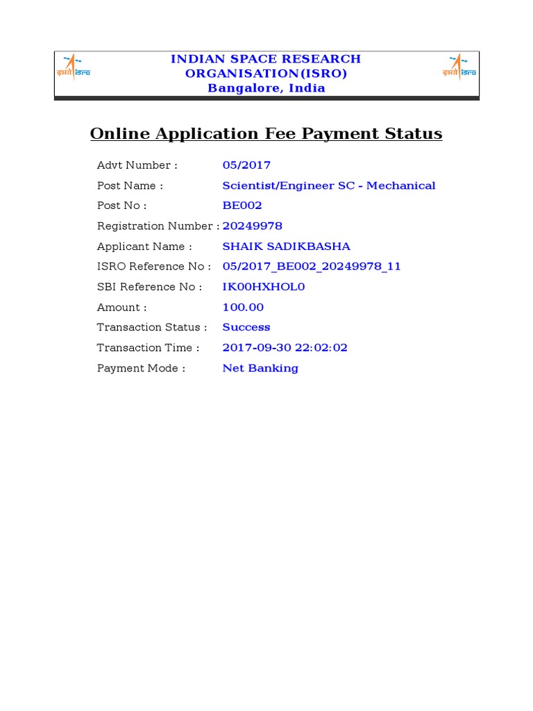 Online Application Fee Payment Status: Indian Space Research Organisation (Isro) Bangalore ...