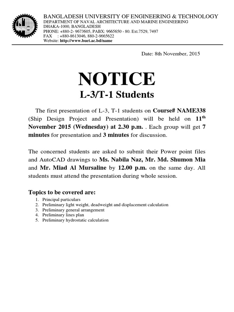 Notice For Presentation | PDF | Naval Architecture | Shipbuilding