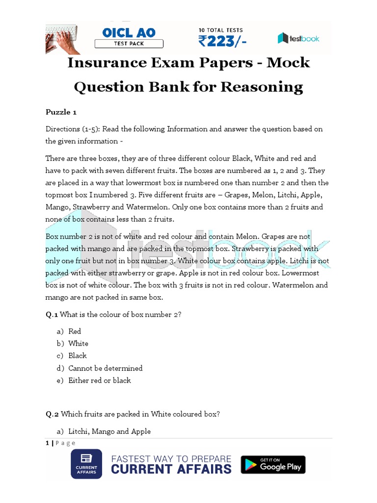 Insurance Exam Papers Mock Question Bank For Reasoning | PDF | Fruit