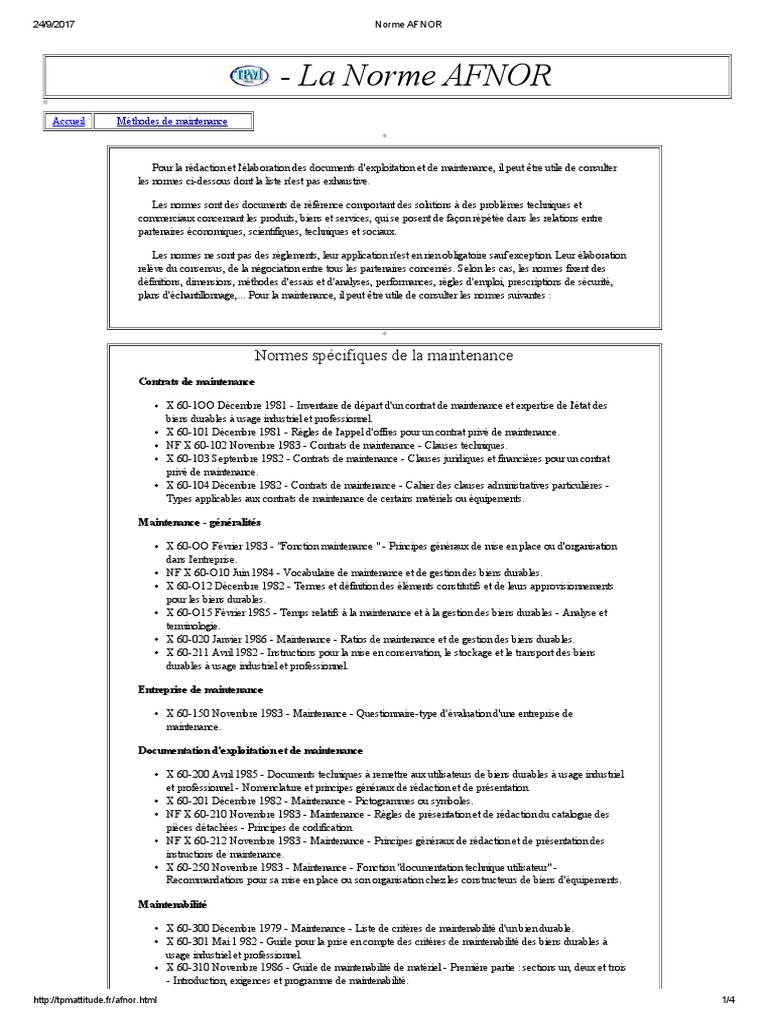 Norme AFNOR Maintenance | PDF | Bruit | Électricité