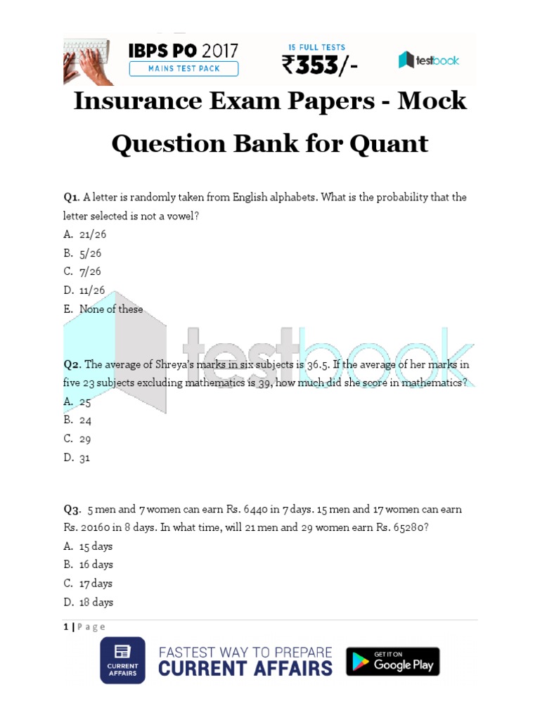 Insurance Exam Papers Model Question Bank For Quant | Download Free PDF ...